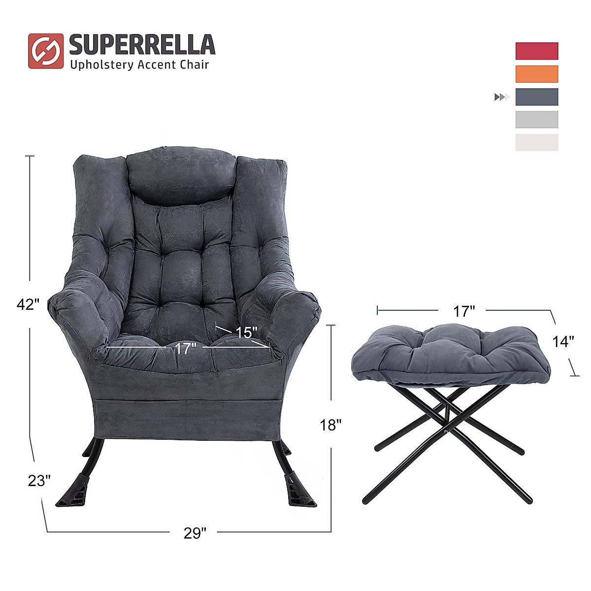 Superrella Modern Soft Accent Chair Living Room Upholstered Single Armchair High Back Lazy Sofa (Cool Grey with Footrest)