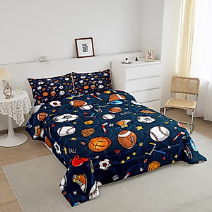Feelyou Sports Comforter Set Blue Ball Bedding Set Baseball Football Basketball Comforter for Kids Boys Girls Competitive Games Duvet Set Room Decor Quilt King Size Boys