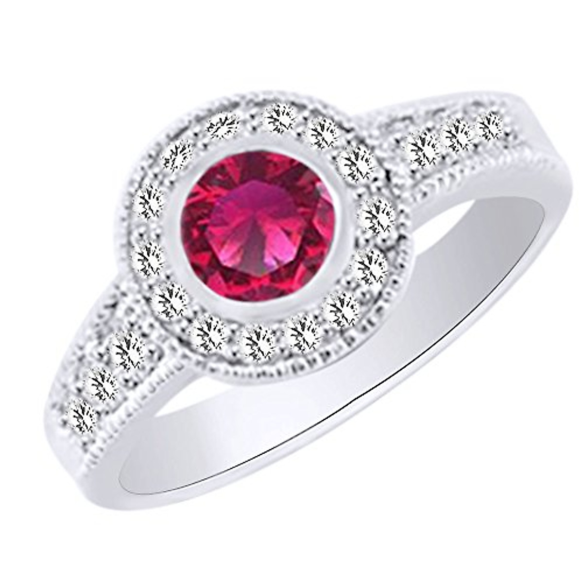 AFFY 0.9 cttw Simulated Pink Sapphire & White Natural Diamond Vintage Style Engagement Wedding Ring in 14K Solid White Gold with, Ring Size 8