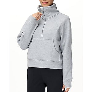 THE GYM PEOPLE Women's Half Zip Pullover Sweatshirt Fleece Stand Collar Crop Sweatshirt with Pockets Thumb Hole Grey