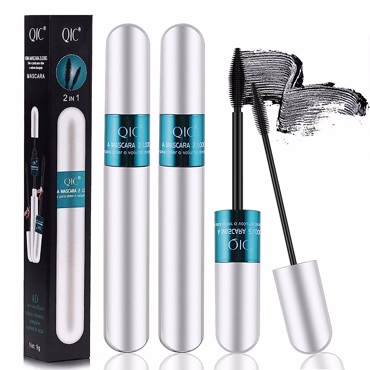 2PCS 4D Silk Fiber Lash Mascara,2 in 1 Mascara For Natural Lengthening And Thickening Effect,no clumping Superstrong Waterproof Mascara for Long-Lasting,Beauty Charming Eye Make up