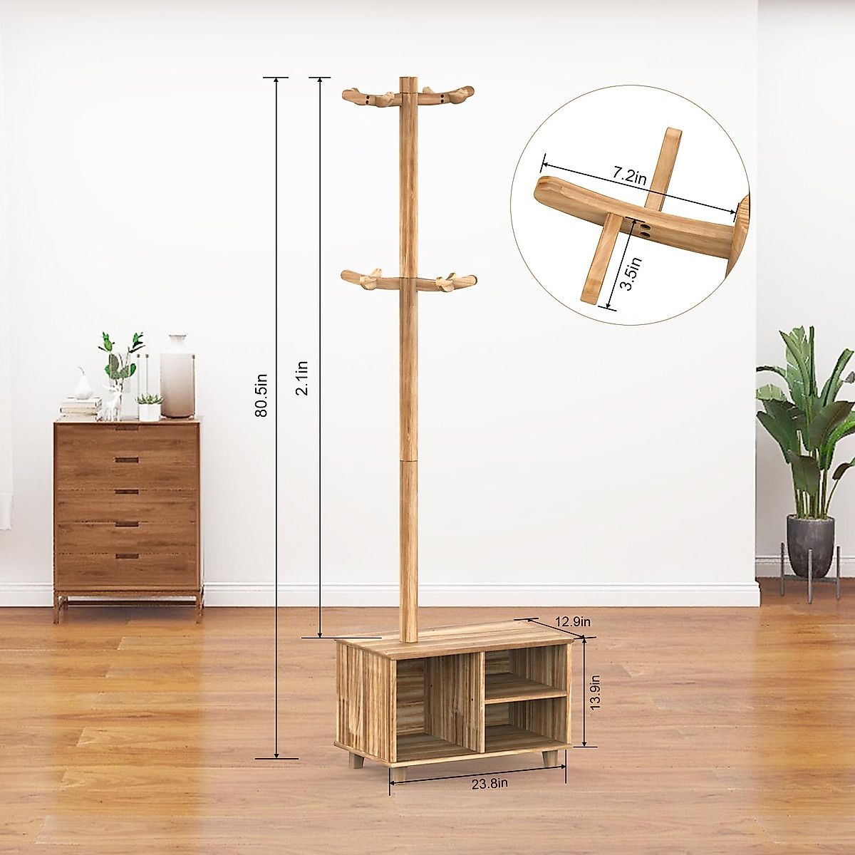 Yoimori Coat Rack, Wooden Coat Rack Freestanding with Storage Cabinet and 12 Hooks, Coat Tree,Sturdy Coat Rack Stand for Entryway, Hallway, Bedroom, Living room, Office, Coats, Bags, Hats(Brown)