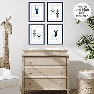 Sweet Jojo Designs Navy Blue, Mint and Grey Woodland Deer Wall Art Prints Room Decor for Baby, Nursery, and Kids for Woodsy Collection - Set of 4 - Seek Adventure Have Courage