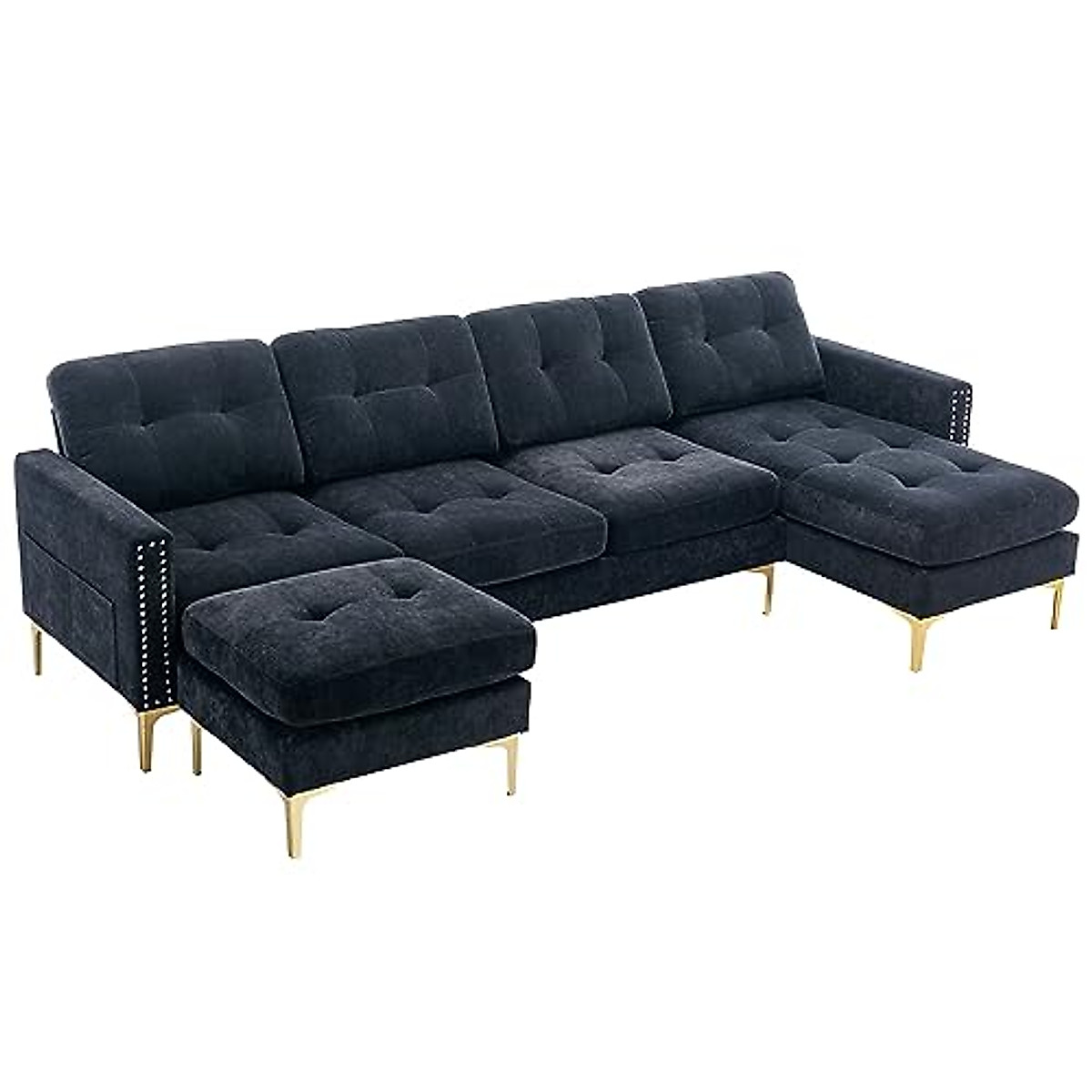 5-Seater Sectional Sofa with Extra Wide Chaise and Movable Ottoman, U Shaped Convertible Corner Couch Bed with Golden Metal Legs,Comfy Velvey Upholstered Sofa&Couches for Living Room Apartment