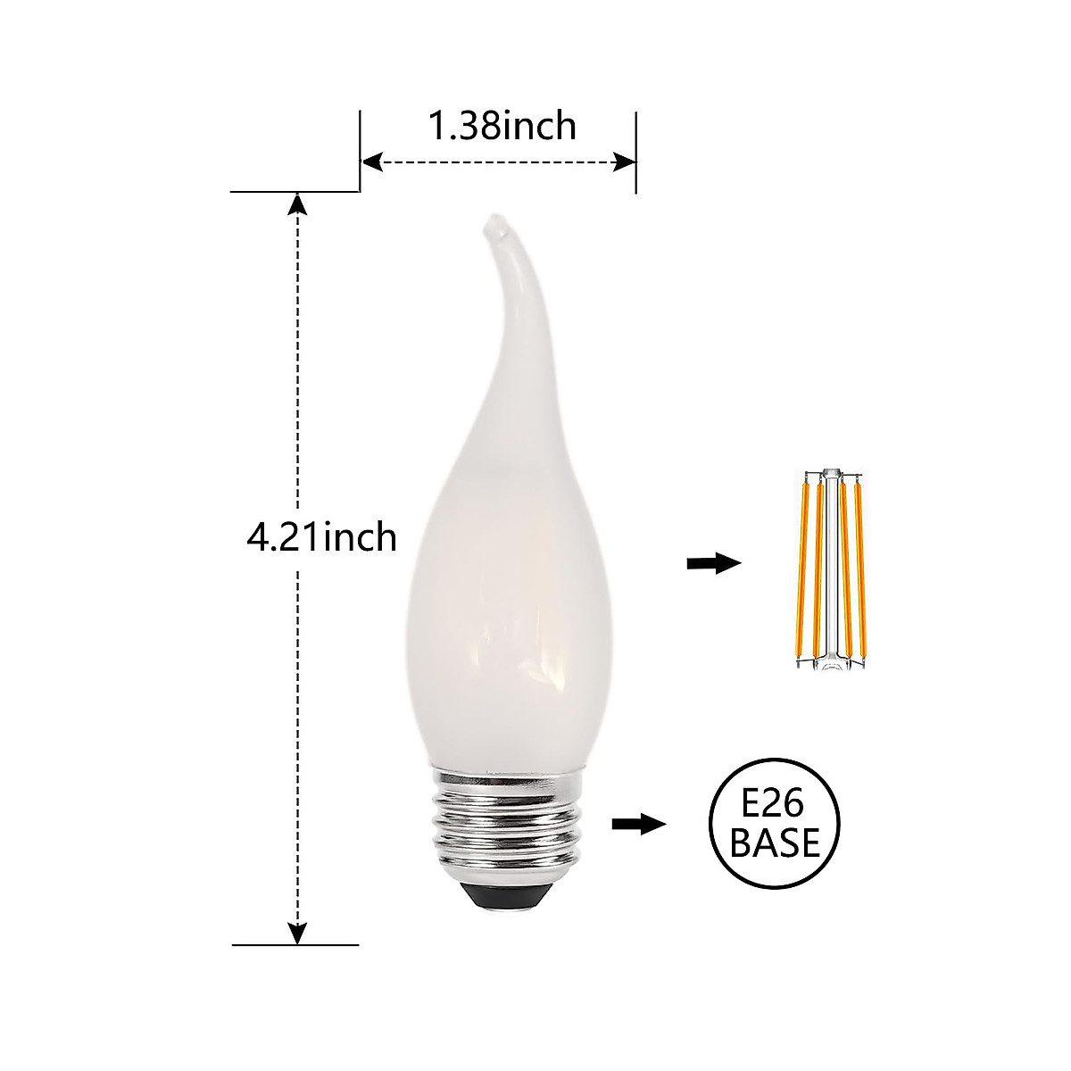 Sunaiony E26 Frosted Candelabra Bulb 40 Watt Equivalent LED Chandelier Light Bulbs, 2700K Warm White Medium Base 4W Dimmable LED Candle Light Bulbs, Frosted Glass Flame Tip Shape,6 Pack