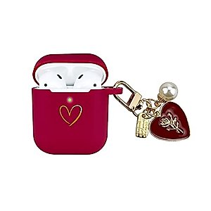AIIEKZ Compatible with AirPods Case Cover, Soft Silicone Case with Gold Heart Pattern for AirPods 2&1 Generation Case with Vintage Roses Pearl Keychain for Girls Women (Burgundy)