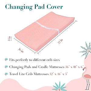 My Little Zone 100% Cotton Changing Pad Cover for Baby Girls, Flamingo - Breathable Bassinet, Mini Crib Mattress Fitted Sheets - Jungle Leaves, 32"x16" with 8" Deep Pocket, White-Coral Pink, 2 Pack