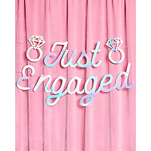 xo, Fetti Just Engaged Iridescent Foil Banner - 5 Ft. | Engagement Party Decoration, Diamond Ring Proposal Decor, Bachelorette Backdrop, Bride To Be Photobooth, Bridal Shower Supplies
