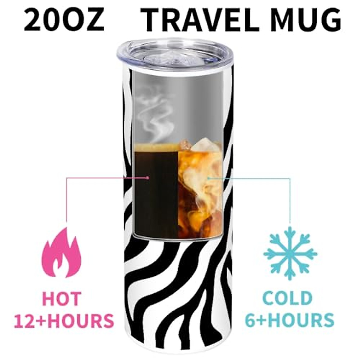 Honeybaby Trendy Zebra Coffee Tumbler 20 oz with Straw & Lid Leak Proof Tumbler Reusable Stainless Steel Tumblers Insulated Water Bottles Gifts for Women Men