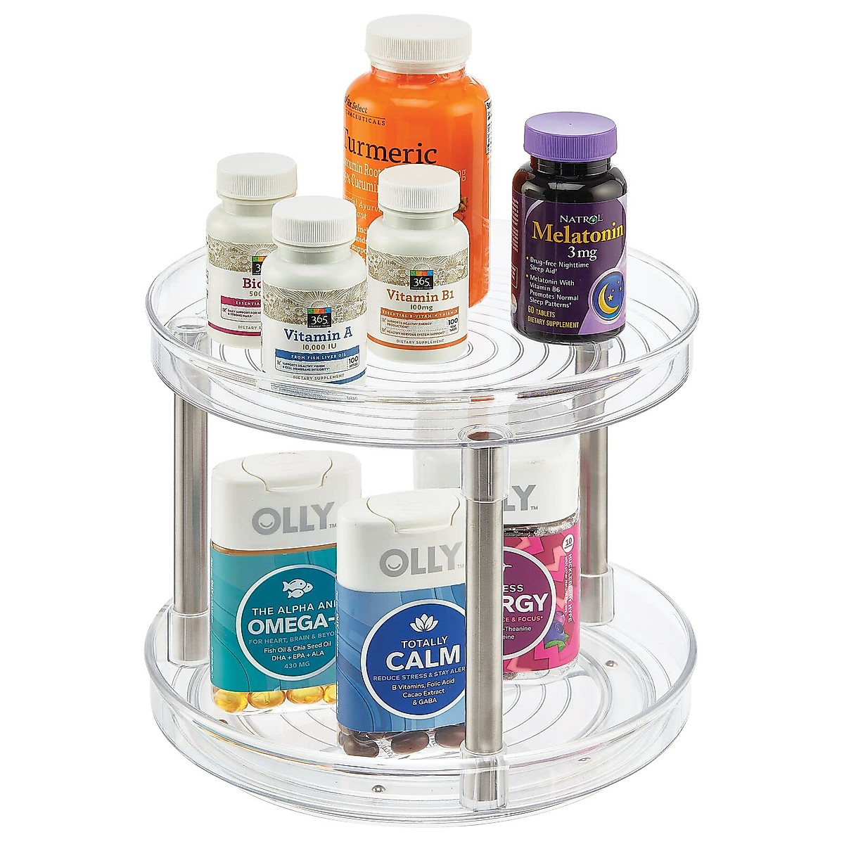 mDesign Plastic Spinning 2-Tier Lazy Susan Turntable Storage Tray - Rotating Organizer for Bathroom Vanity Counter Tops, Under Sink, Closets, Dressers - Clear/Chrome