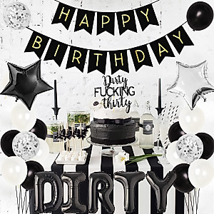 Fangleland 30th Birthday Party Decorations Silver and Black, Dirty Thirty Banner Balloon Dirty 30 Sash Cake Topper for for Her Him 30 Years Old Birthday Party Supplies