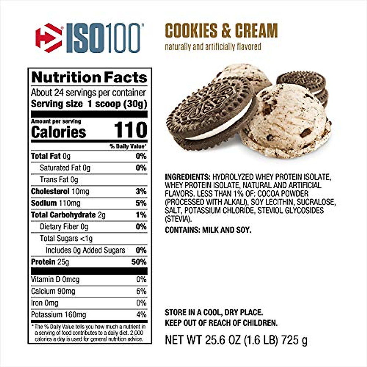 Dymatize ISO100 Hydrolyzed Protein Powder, 100% Whey Isolate Protein, 25g of Protein, 5.5g BCAAs, Gluten Free, Fast Absorbing, Easy Digesting, Cookies and Cream, 1.6 Pound