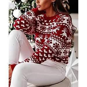 ZAFUL Women's Christmas Reindeer Xmas Snowflake Patterns Knitted Sweater Long Sleeve Elk Floral Printed Pullover