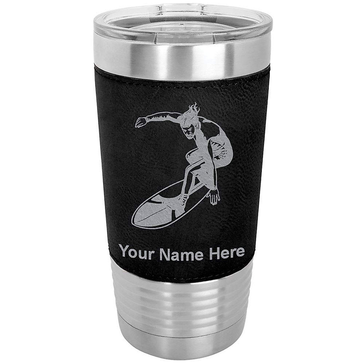 LaserGram 20oz Vacuum Insulated Tumbler Mug, Surfer Man, Personalized Engraving Included (Faux Leather, Black)