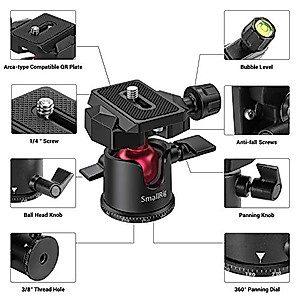 SmallRig Mini Ball Head, Tripod Head Camera 360° Panoramic with 1/4" Screw 3/8" Thread Mount and Arca-Type QR Plate Metal Ball Joint for Monopod, DSLR, Phone, Gopro, Max Load 4.4lbs/2kg - BUT2665