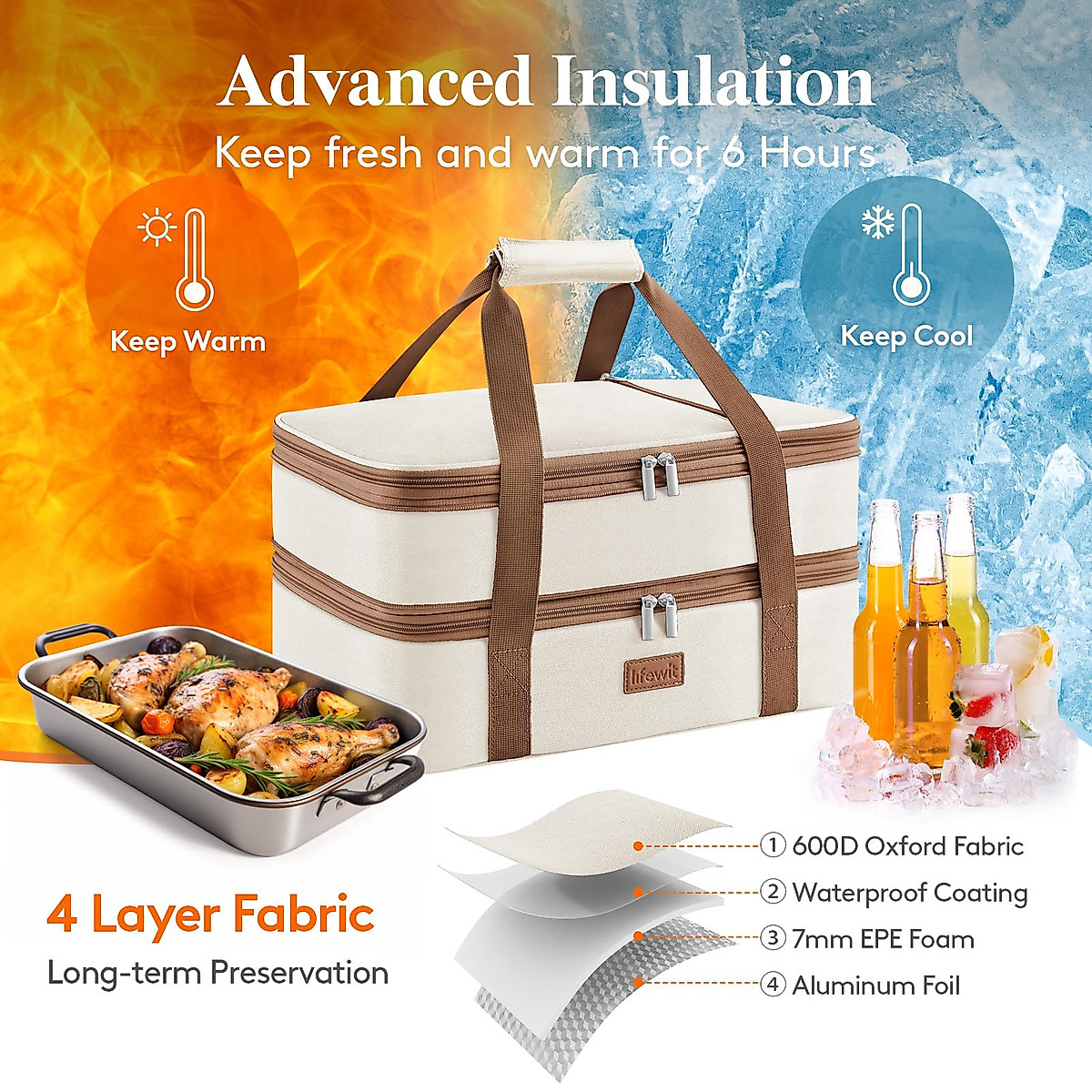 Lifewit Expandable Insulated Casserole Carrier for Hot or Cold Food, Double Decker Food Bag Lasagna Holder Carry Tote for Potluck Parties/Picnic/Cookouts, Fits 9"x13" Baking Dish, Cream