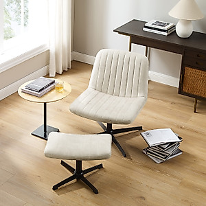 Art Leon Criss Cross Chair - with Ottoman and Pillow, Armless Office Desk Chair No Wheels, Modern Swivel Height Adjustable Mid Back Wide Seat Computer Task Vanity Chair for Home Office, Off White