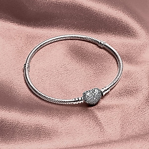 WAKCTFERG Charm Bracelet Fit For Charm beads, 925 Sterling Silver Cubic Zirconia Heart Clasp Snake Chain Bracelet Fit Any Charm Gift for Women Girl Suitable for people aged 12 to 80(ZLL-10, 6.7in/17cm)