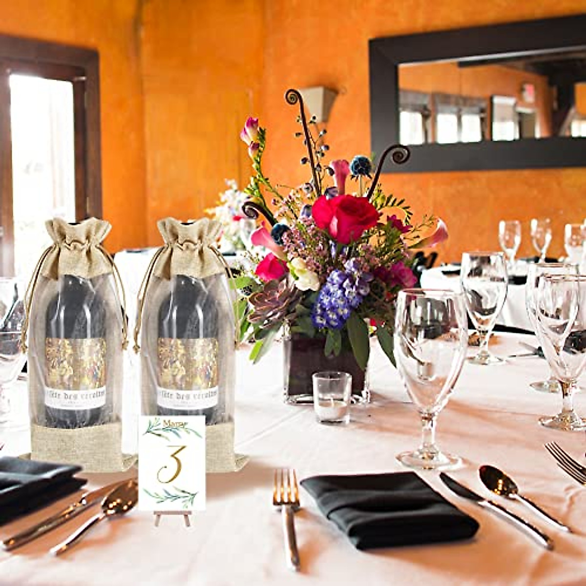 HRX Package 10pcs Burlap Wine Bags with Sheer Window, Hessian Cloth Bottle Gift Bags with Drawstring for Christmas Holiday Wedding Party