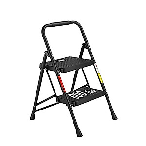 BONTEC 2-Step Ladder, Folding Step Stools for Adults with Wide Anti-Slip Pedals, Max Load Capacity 600lbs Sturdy Steel Ladder, Lightweight, Convenient Handle, Portable Steel Step Stool, Black