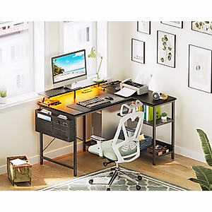 ODK 48 Inch Gaming Desk with USB Charging Ports and LED Lights, Reversible L Shaped Computer Desk with Storage Shelves & Monitor Stand, Corner Gamer Desk Table with Power Outlets, Black