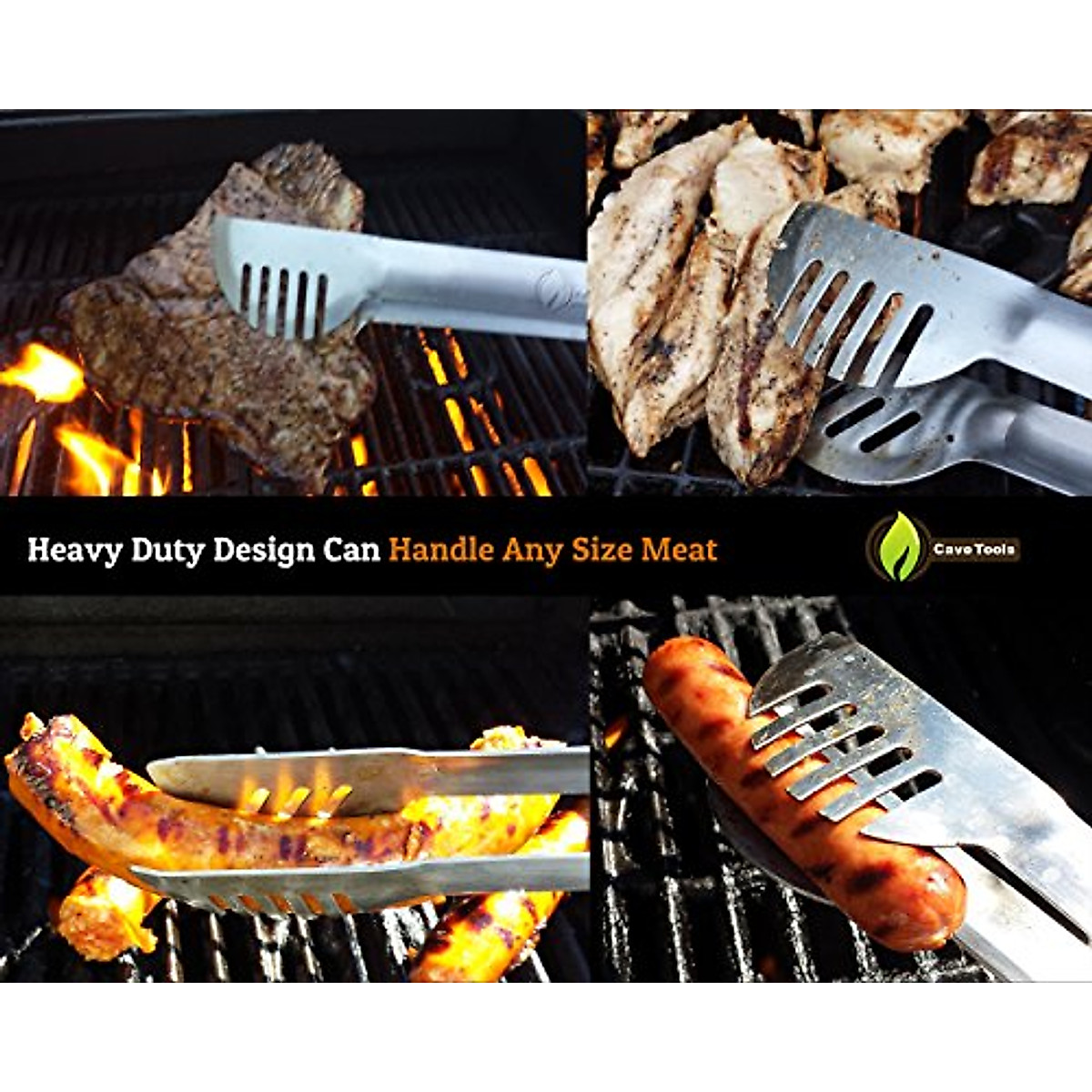 Cave Tools 3-Piece BBQ Tools Set - Includes Spatula, Tongs, & Fork - Heavy Duty Stainless Steel, Dishwasher Safe - BBQ Grill Accessories