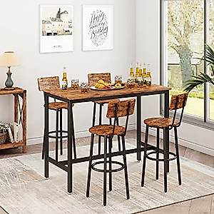 KIVENJAJA Bar Table and Chairs Set for 4, 5-Piece Rectangular Pub Bistro Table & Stools with Backrest, Counter Height Dining Table Set for Kitchen Living Room Restaurant Breakfast Nook, Rustic Brown
