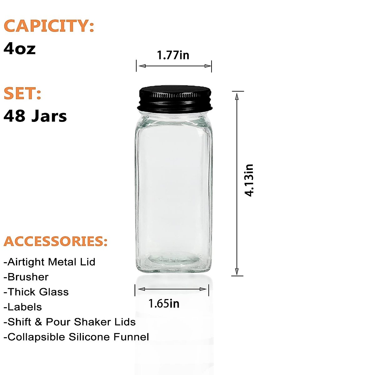 48 Pcs Glass Spice Jars with Labels and Black Lids 4oz Spice Container Set Seasoning Bottles with Blank and Printed Labels, Shaker Lids, Collapsible Funnel and Brush Included