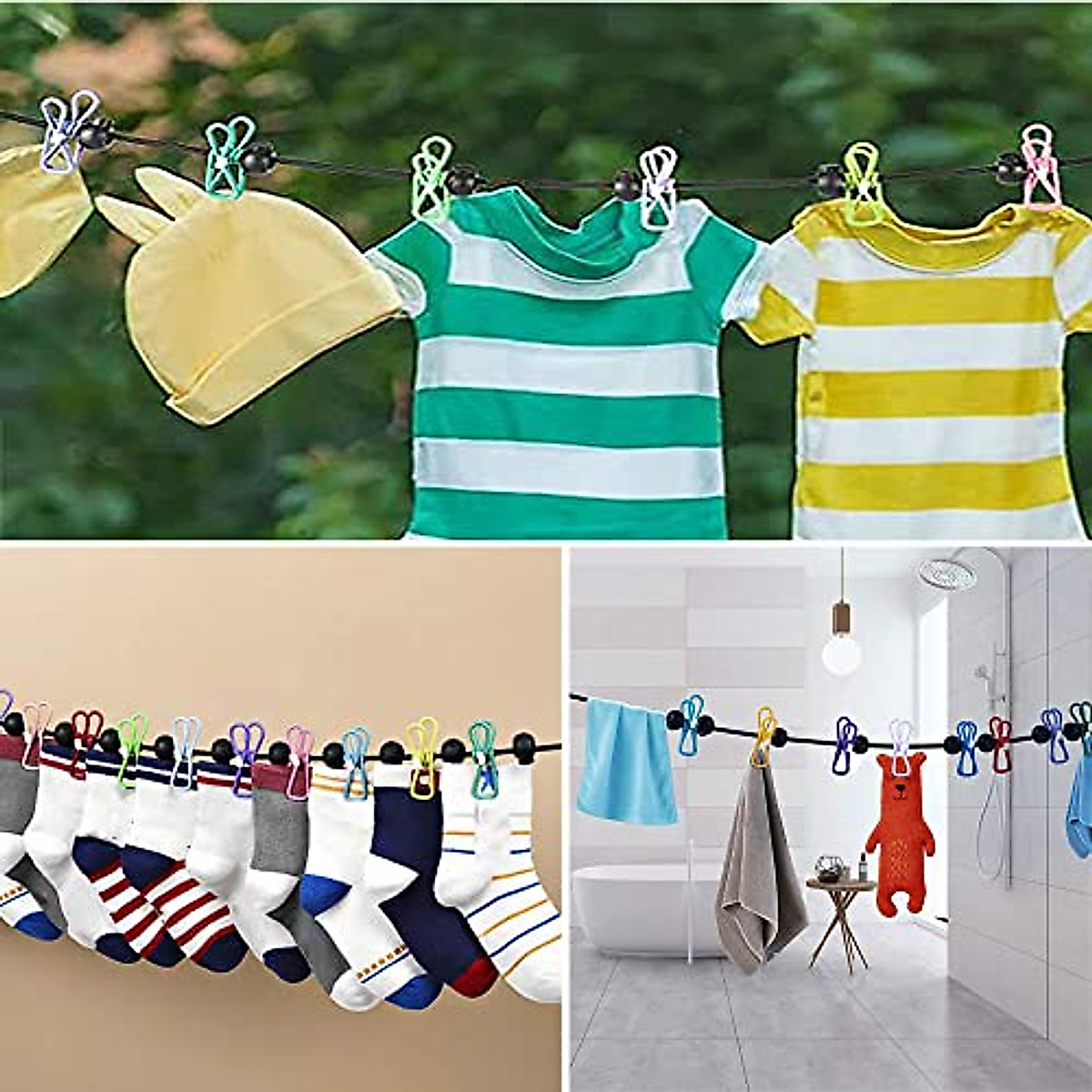 Travel Clothesline with 12 Clothespins, Windproof Portable Clothesline for Outdoor Travel Gadgets, Camping Accessories, Indoor Laundry Drying, RV Accessories, Junvaia Stretchy Retractable Clothes Line
