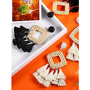 meekoo 2 Pairs Rattan Tassel Earrings Bohemian Statement Woven Dangle Fringe Earrings Ethnic Tassel Drop Earrings Vintage Jewelry for Women (Black and White)