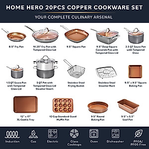 Home Hero Pots and Pans Set Non Stick - Induction Compatible Kitchen Cookware Sets + Bakeware Sets - Non Stick, PFOA Free, Oven Safe Pot and Pan Set Nonstick (20 Pcs - Copper)