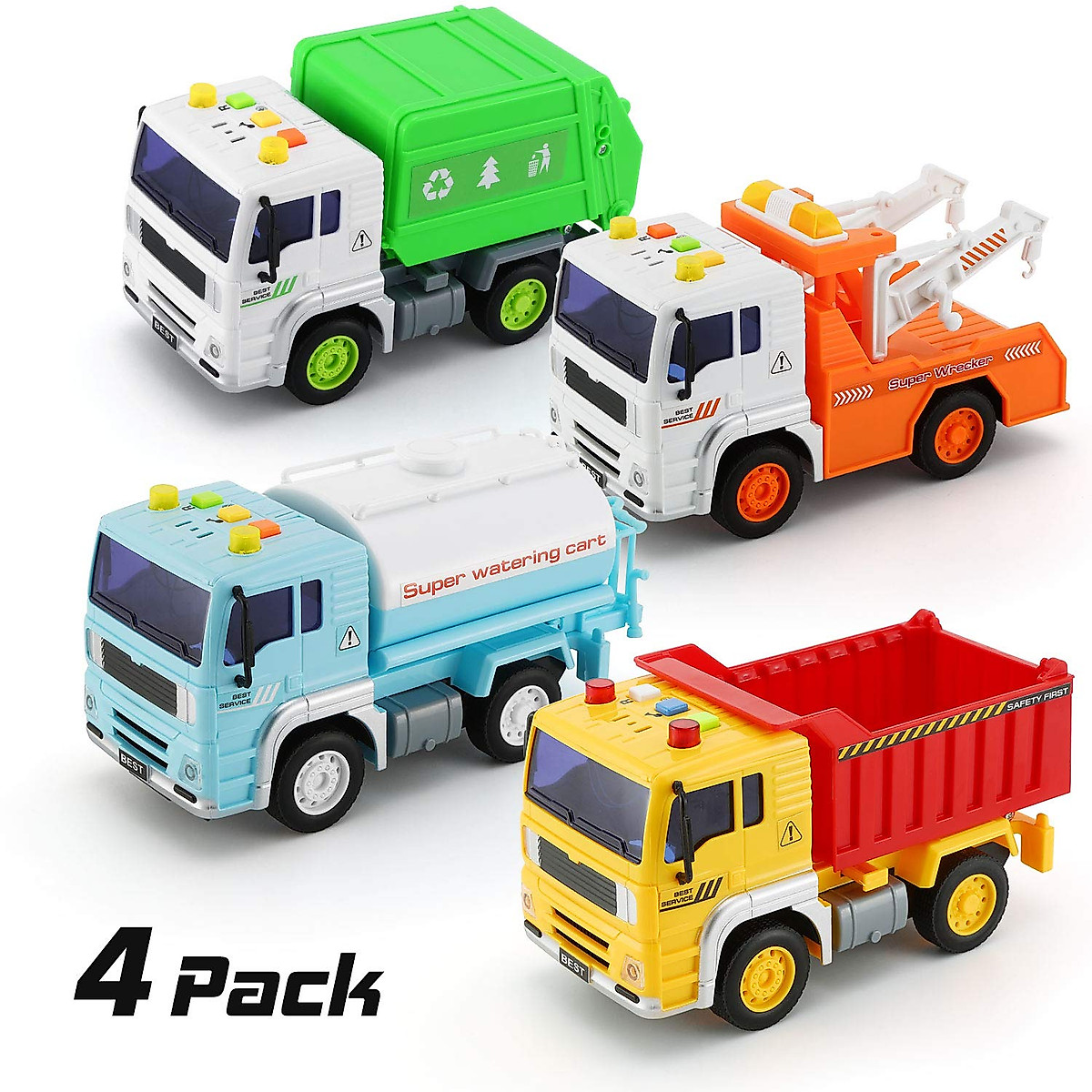 KeepRunning 4 Pack City Service Vehicle Car Truck Toy Set - Tow Truck,Dump Truck,Sprinkler,and Garbage Truck - with Friction Powered Wheels and Lights & Sounds
