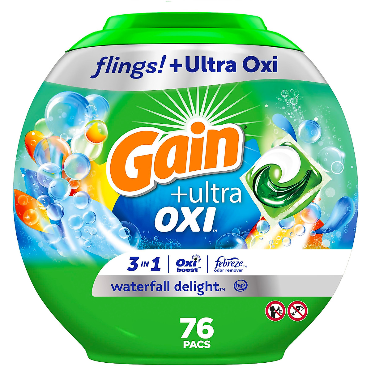 Gain flings Ultra Oxi Laundry Detergent Pacs 3-in-1 HE Compatible, Waterfall Delight Scent, 76 Count