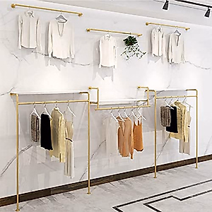 MDEPYCO Modern Simple Industrial Pipe Hanging Rods Clothing Rack,Retail Display Wall Mounted Storage Clothes Hanging Shelf, Wood Garment Rack (Gold, 47.2" L)
