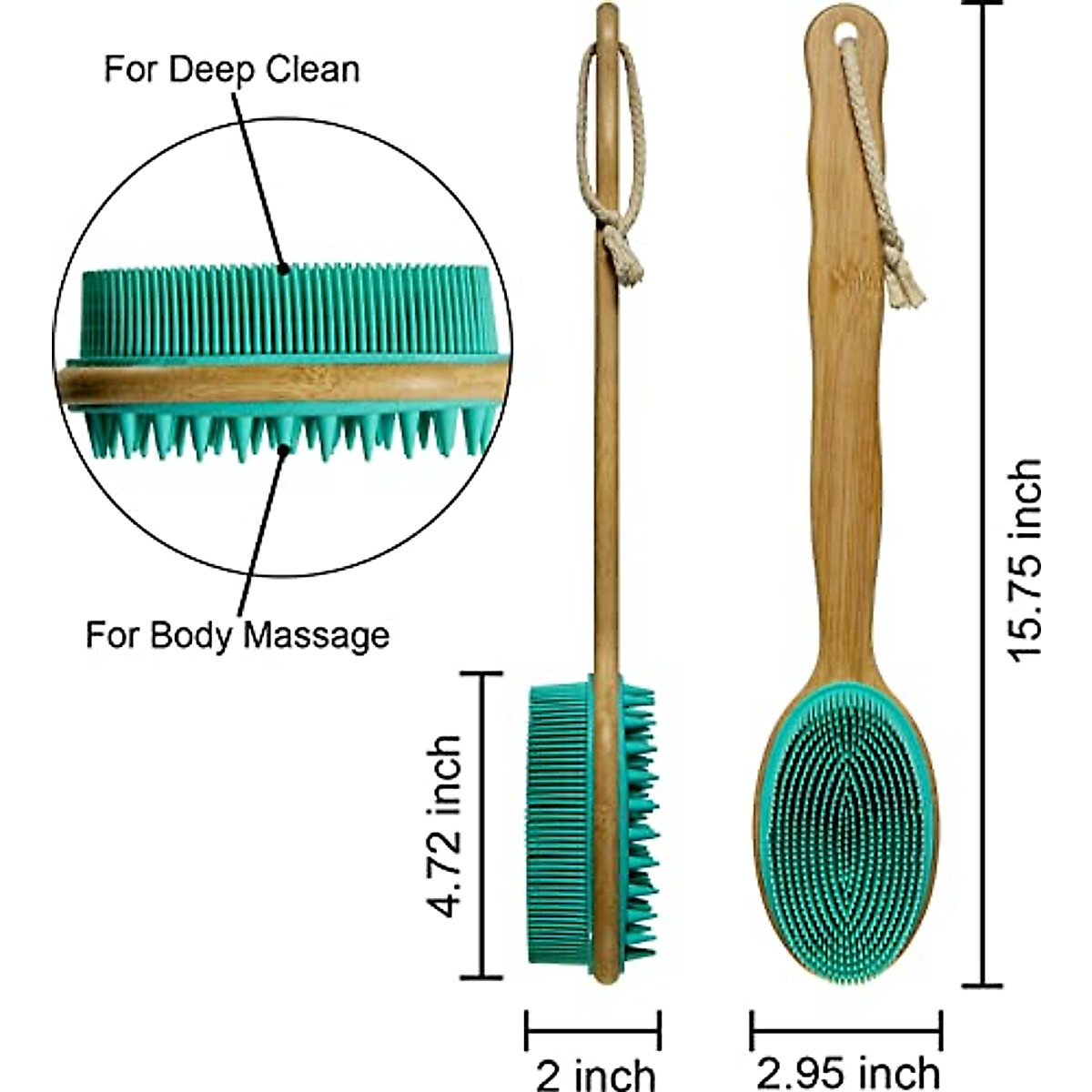 Silicone Body Scrubber with Long Handle, Dual-Sided Exfoliating Back Scrubber, 2 in 1 Bath Shower Brush for Dry and Wet - Green