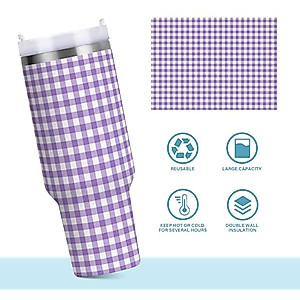 ARGTILDN 40 oz Tumbler Purples Plaid Insulated Travel Mug with Handle and Straw Lid Stainless Steel Vacuum Coffee Cup Tea Beverage Container Water Bottles for Car Sports office