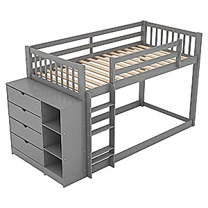 P PURLOVE Twin Over Twin Bunk Bed with Attached Cabinet and Shelves Storage, Wooden Bunk Bed Frame with Ladder and Guardrail, for Teens Girls Boys, Gray