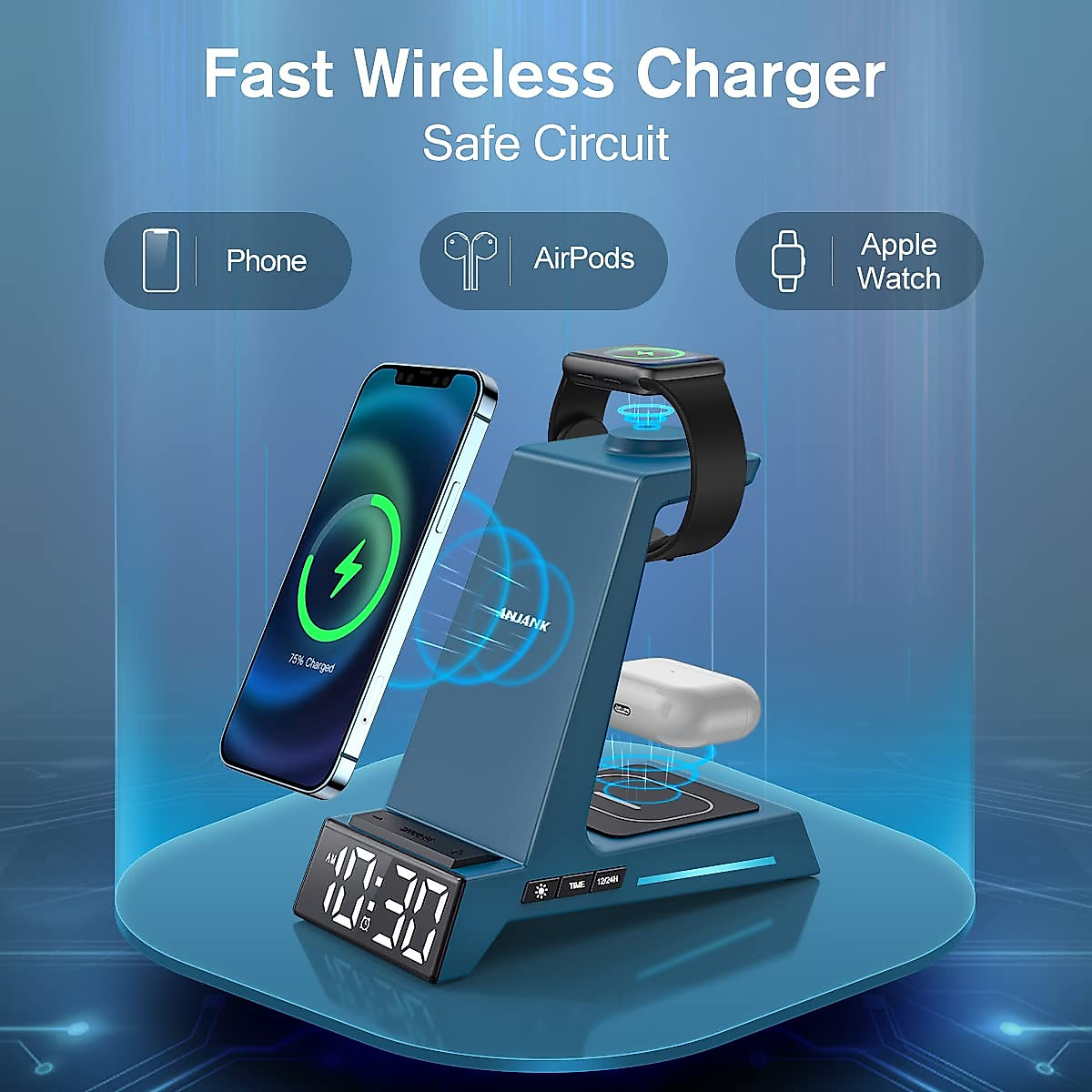 ANJANK Wireless Charging Station for Multiple Devices Apple, 3 in 1 Wireless Charger Stand with Alarm Clock, Charging Dock for iwatch/AirPods/iPhone 14/13/12/11/Pro/Max/XR/XS/8 Plus/Samsung Phone