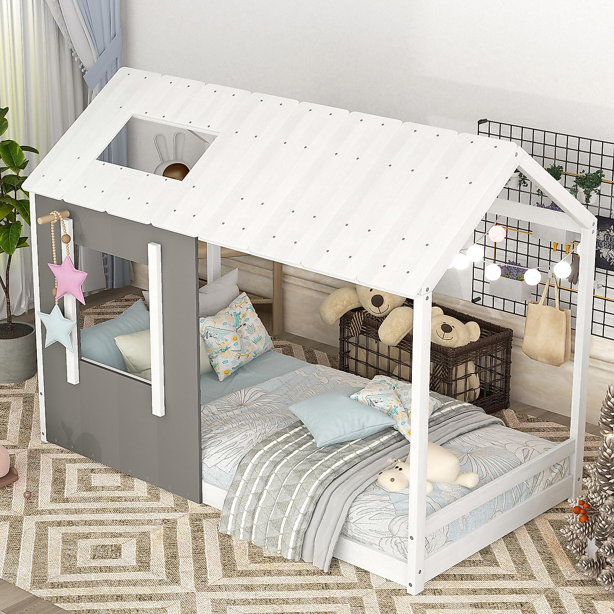 Twin Size Montessori Bed Frame, Twin Size House Floor Bed Frame with Headboard, Roof and Window, Wood Montessori Floor Bed for Kids, Twin Size Bed Frame Grey Antique White