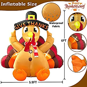 Buheco Thanksgiving Inflatable Turkey Lawn Decoration 6ft Giant Blow Up Turkey Inflatables Outdoor Yard Decorations with Pilgrim Hat Led Light for Happy Fall Holiday Indoor Outside Autumn Home Decor