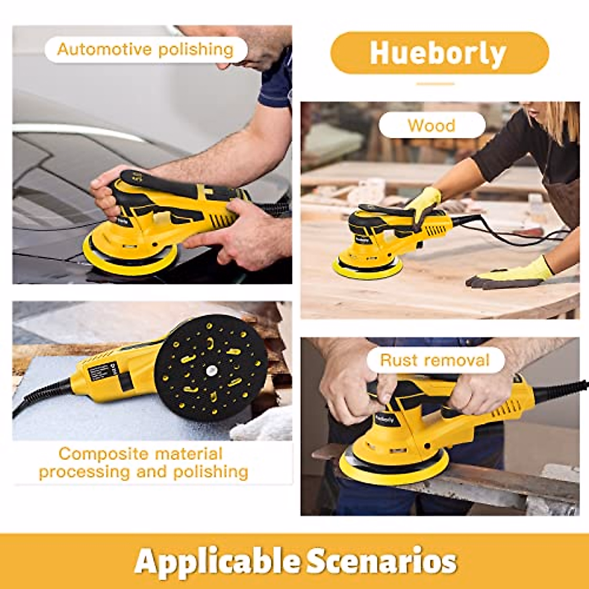 Electric Random Orbital Sander 350W Brushless Motor 3/16 inch Orbit, 110V 6-Inch 10000 RPM Variable Speed Tool for Metal Fabrication, Woodworking Walls and Car Polishing Yellow with Case