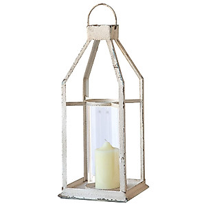 Farmhouse White Metal Lanterns 21" Decorative Hanging Candle Lantern, Rustic Distressed Candle Holder Outdoor Lanterns for Front Porch Floor, Patio or Wedding