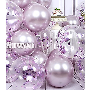 SUWEN Metallic Lavender Balloons and Confetti Balloons Set 47PCS Latex Helium Chrome Light Purple Balloon for Birthday Anniversary Party Decorations