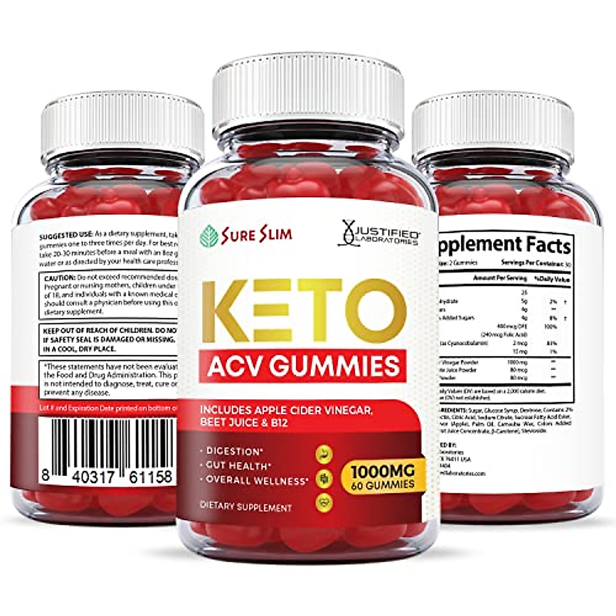 Justified Laboratories (3 Pack) Sure Slim Keto ACV Gummies 1000MG with Pomegranate Juice Beet Root B12 180 Gummys