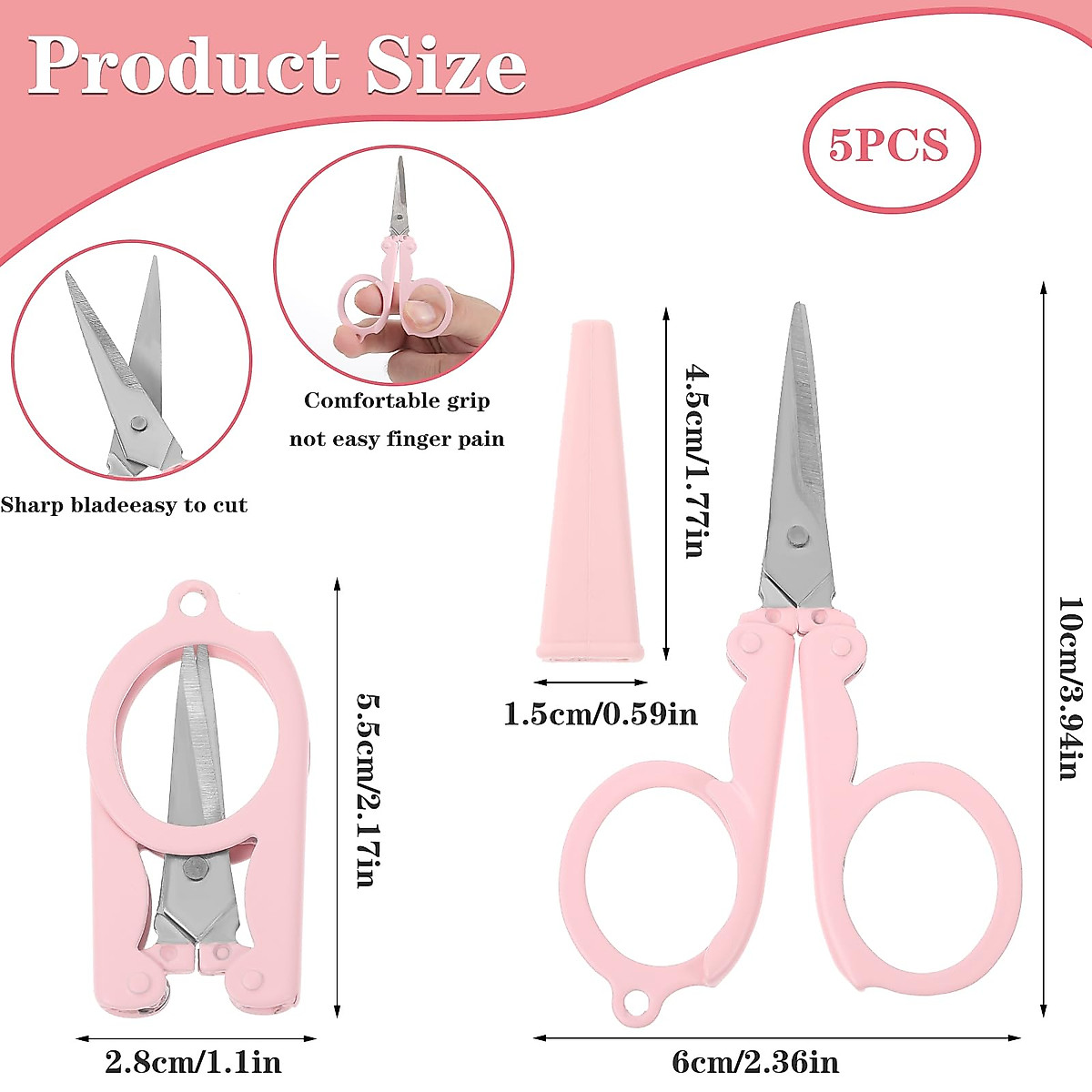 Folding Scissors Small Scissors Travel Scissors Safety Scissors Stainless steel Mini Scissors with Safety Cap Cute Scissors for Scrapbook Cutting Sewing DIY Handmade Daily and Travel Use (5 Pack)