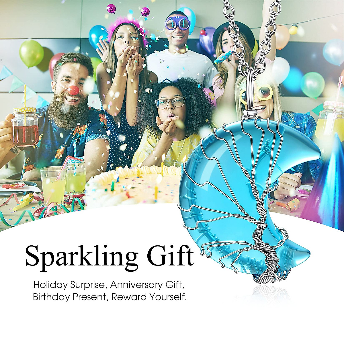 Bestyle Tree of Life Crescent Moon Necklace, Synthetic Aquamarine Gemstones Healing Crystal Necklaces, March Birthstone Pendant for Women, Statement Birthday Jewelry Gifts