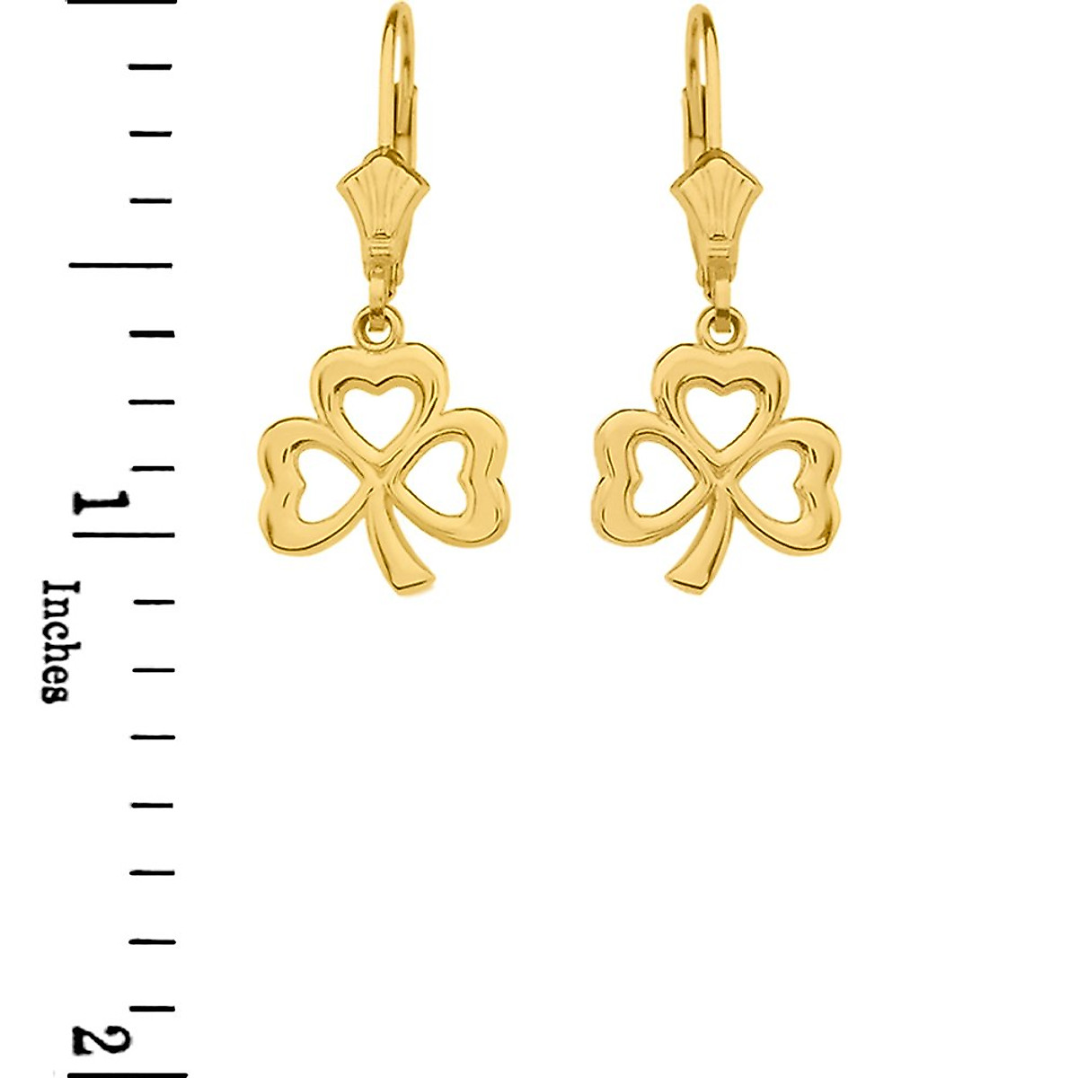 Good Luck Three Leaf Heart Clover Leverback Earrings in 10k Yellow Gold