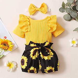 AMAWMW Newborn Baby Girl Summer Clothes Ribbed Ruffle Short Sleeve Romper Sunflower Shorts Outfit 3-6/6 Month Girl Clothes