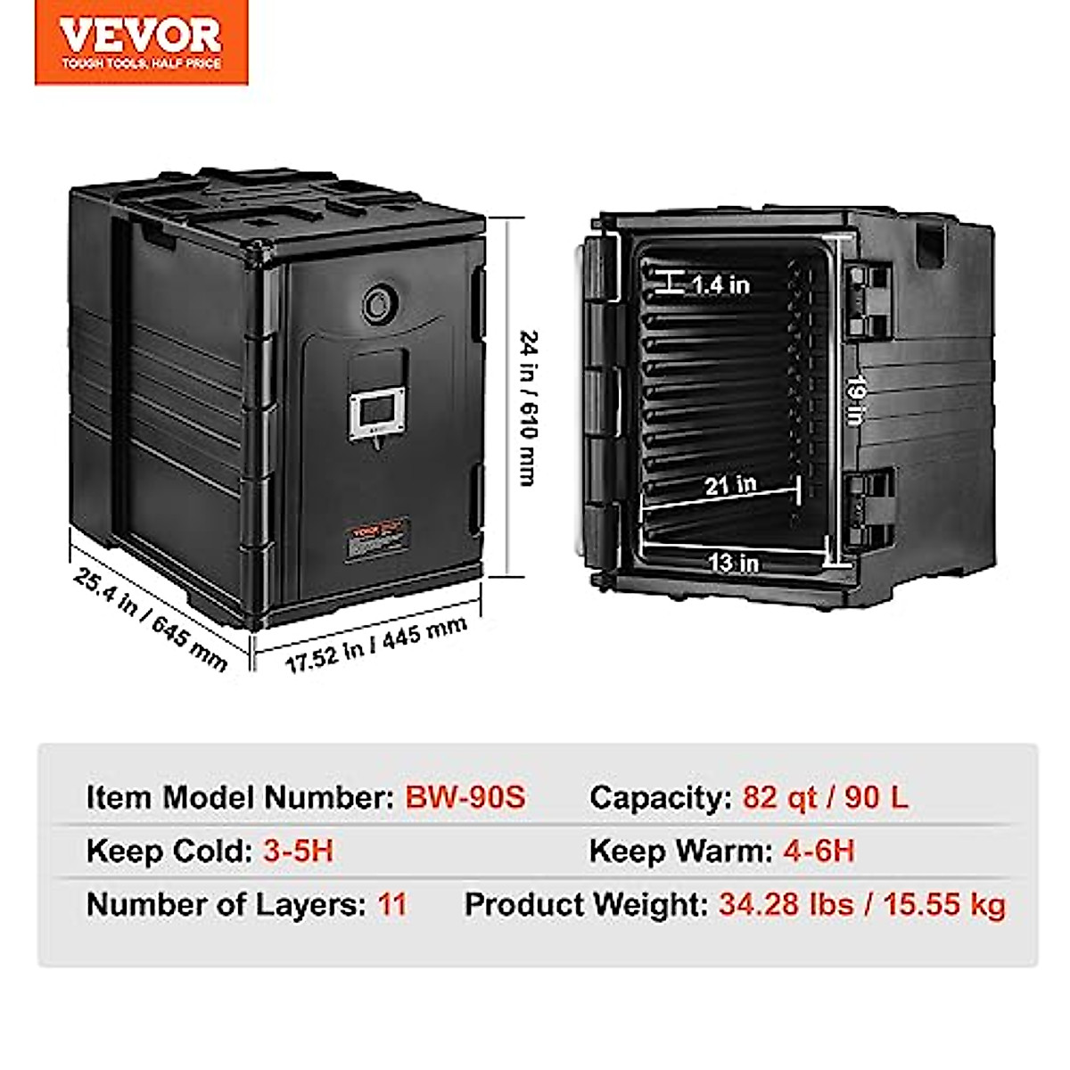 VEVOR Insulated Food Pan Carrier, 82 Qt Hot Box for Catering, LLDPE Food Box Carrier w/Double Buckles, Front Loading Food Warmer w/Handles, Stackable End Loader for Restaurant, Canteen, etc. Black