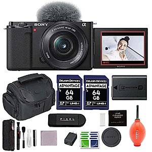 Sony Alpha ZV-E10 Interchangeable Lens Vlog Camera & 16-50mm Lens Bundle with 2X 64GB SD Card, Water Resistant Bag, More